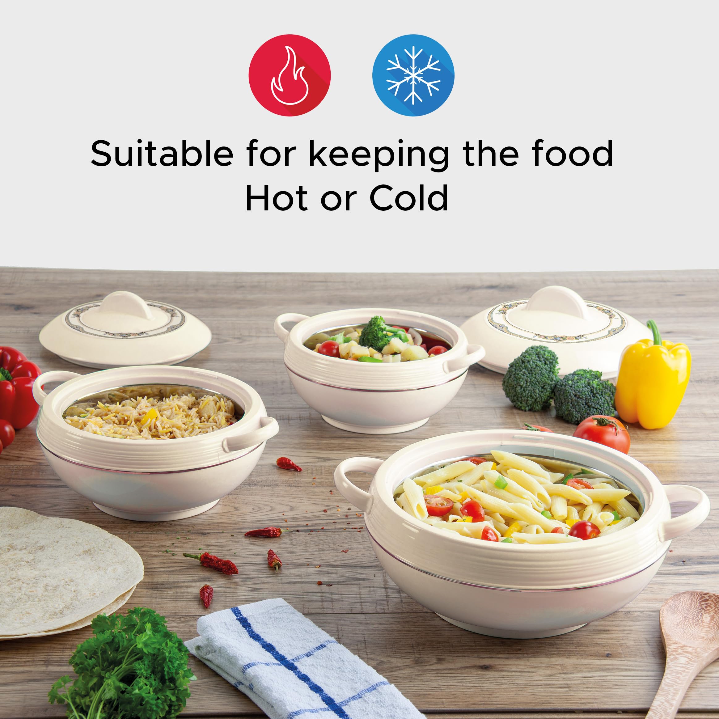 Asian Ambiente Large Food Warmer Hot Pot Set Of Insulated Casseroles 6 8 And 10 Litre