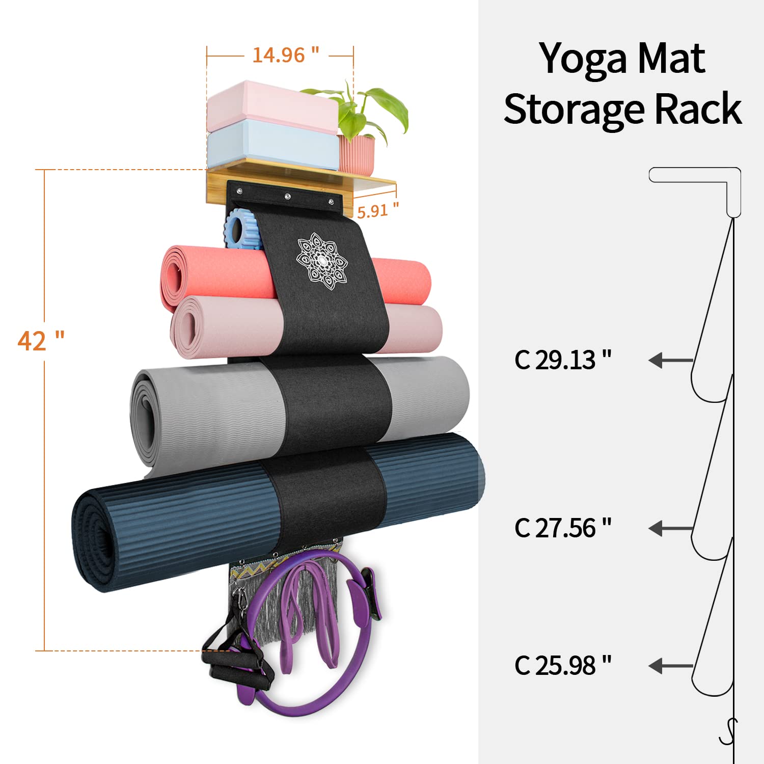Aconfei Yoga Mat Holder Wall Mount, Yoga Mat Storage Rack with Wood Floating Shelf, Yoga Mat Organizer for Yoga Mat, Foam Roller (Dark Grey)