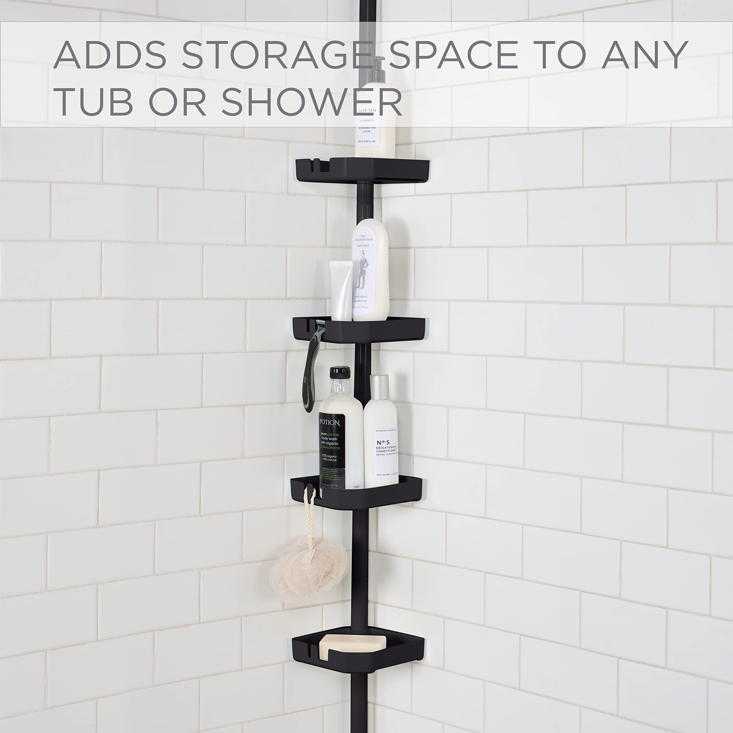 Bath Bliss 4 Tier Tensions Corner Shower Caddy Shelves Adjustable 48β-101β Bathroom Organizer Bathtub and Shower Stall Holds Large Bottles Soap Shampoo Washcloths Matte Black