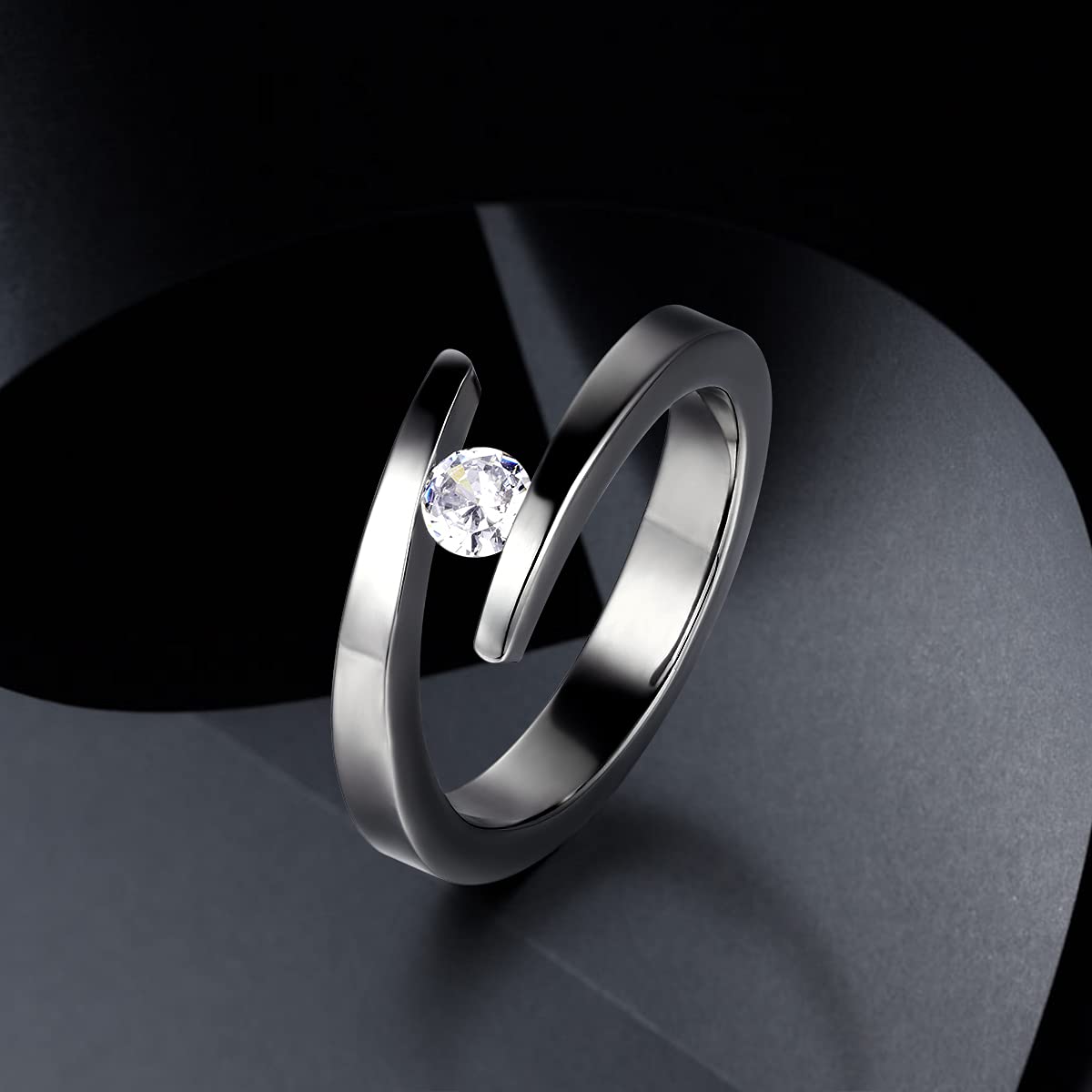 6mm Black Enamel Open Heart Titanium Rings Brushed Trendy, Finger Ring Wedding Love Promise Engagement Ring Comfort fit Women Size 8