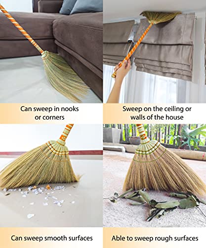 Asian Straw Broom Thai for Cleaning Floor,Housewarming Gift,Thai Vintage Retro Grass Broom Stick, Hardwood Sweeper with Brush Power and Circle Cleaning ( Length 40 inch )