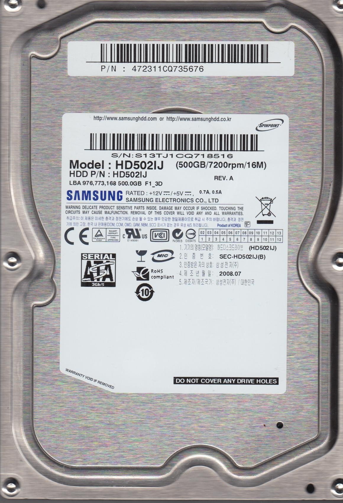 HD502IJ, HD502IJ, Rev A, Samsung 500GB SATA 3.5 Hard Drive