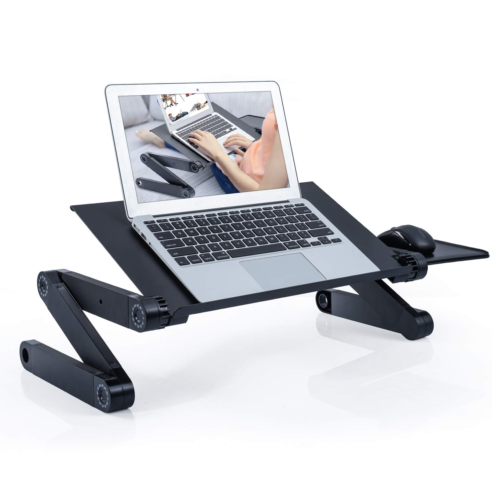 Adjustable Laptop Stand, RAINBEAN Laptop Desk with 2 CPU Cooling USB Fans for Bed Aluminum Lap Workstation Desk with Mouse Pad, Foldable Cook Book Stand Notebook Holder Sofa, Bed Table Office Tray
