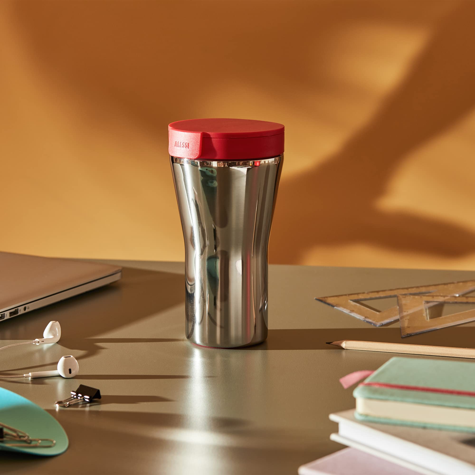Alessi Caffa, Double wall travel mug in 18/10 stainless steel and thermoplastic resin, red., One size