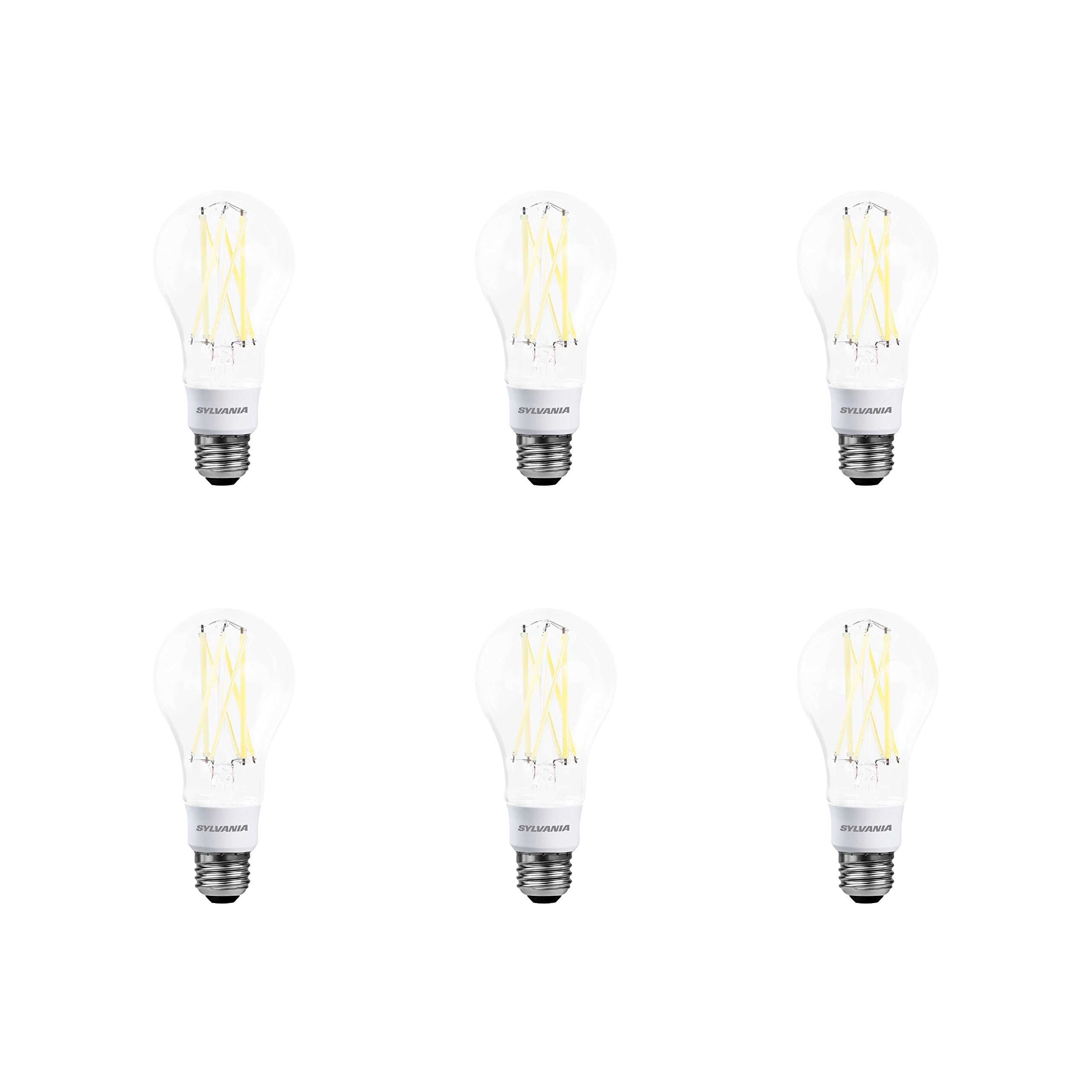 Sylvania Reduced Eye Strain A21 LED Light Bulb, 3-Way 40W / 60W / 100W, 13 Year, Dimmable, Clear, 2700K, Soft White - 6 Pack (41231)