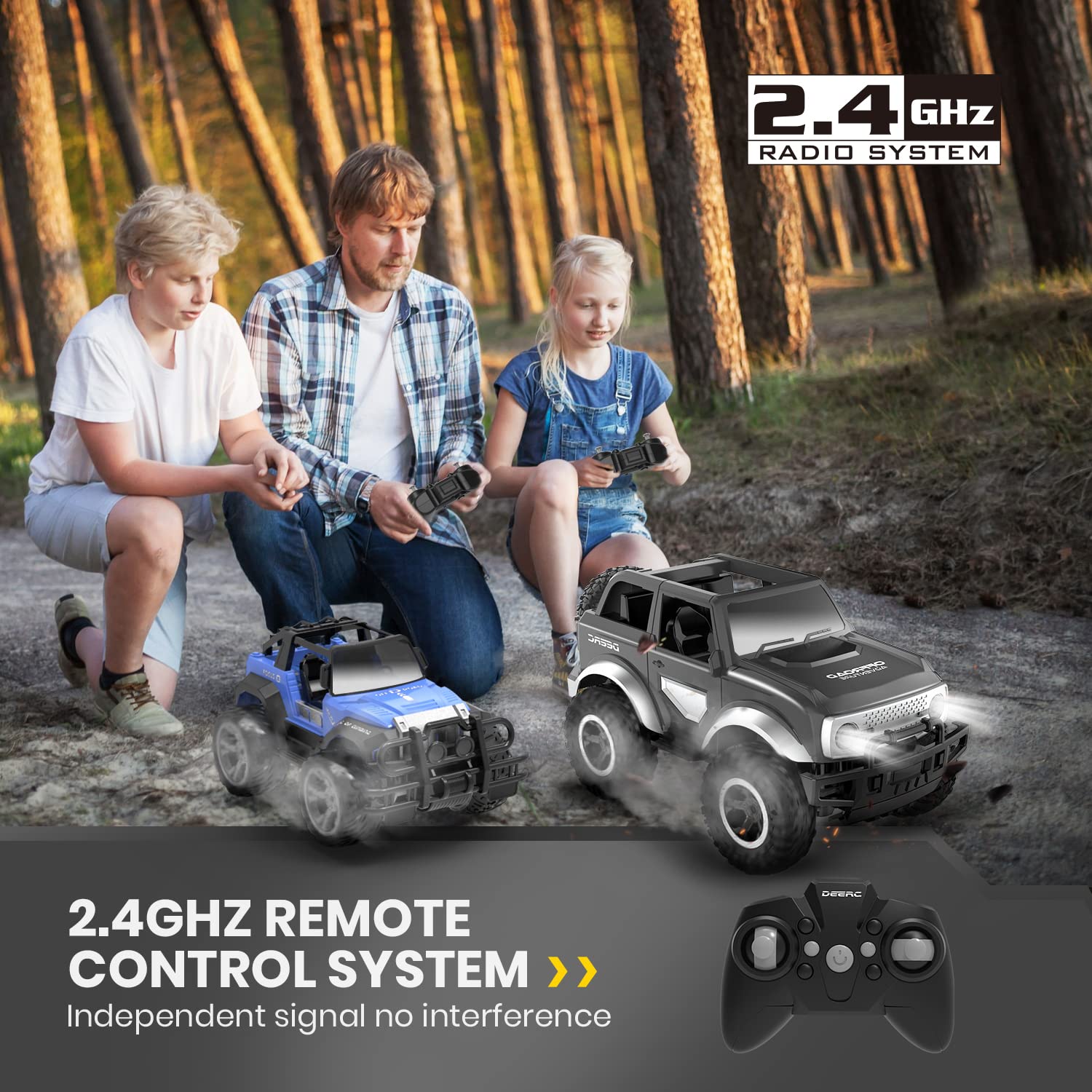 DEERC Remote Control Jeep Car with Realistic Headlight & Taillight, 160 Mins Play SUV Vehicle with Spare Tire, 2.4Ghz 1:18 All-Terrain Monster Trucks for Boys, Off-Road RC Trucks Gift for Kids