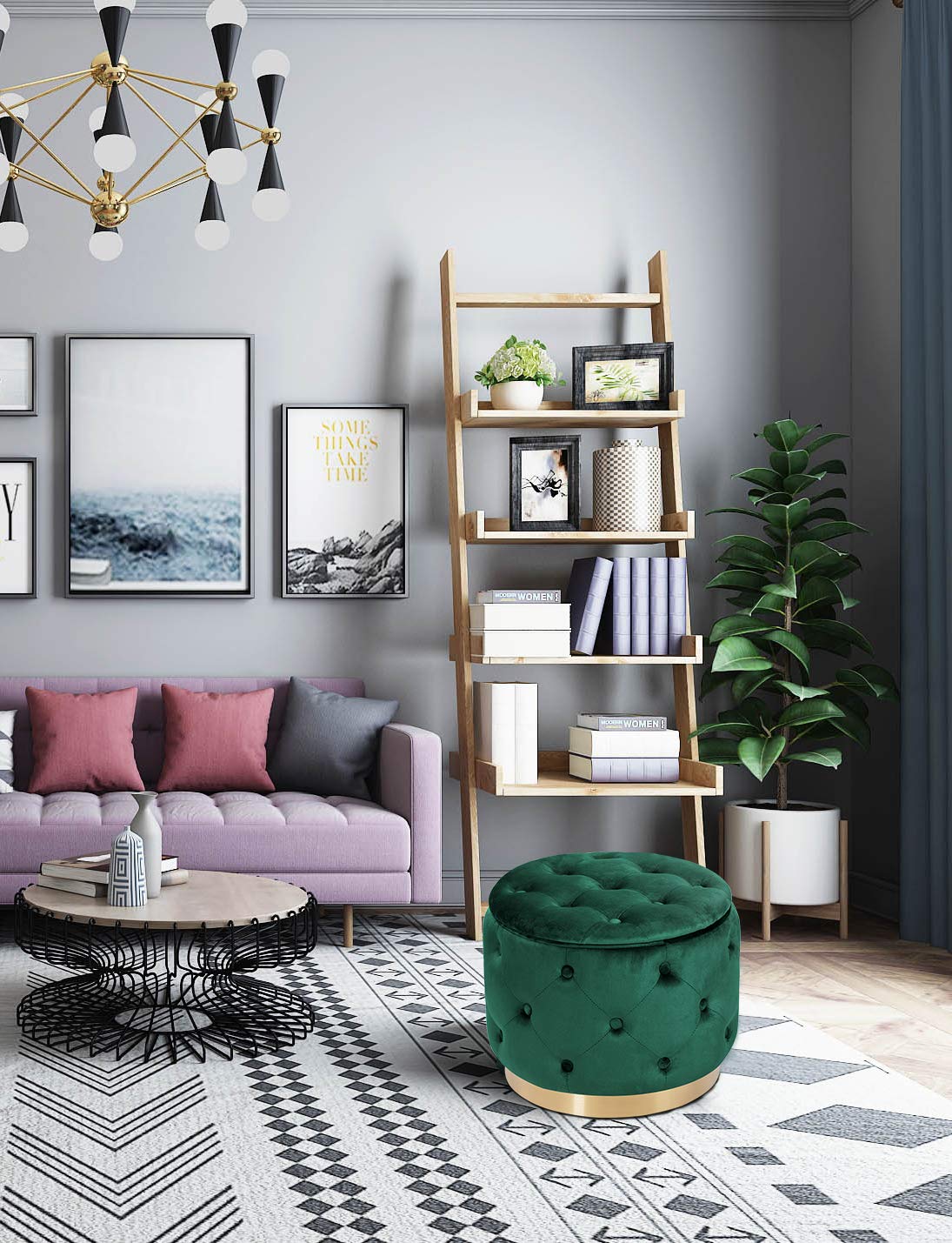 DEERUN Modern Velvet Tufted Button Upholstered Round Storage Ottoman Foot Rest Stool, Vanity Stool, Green