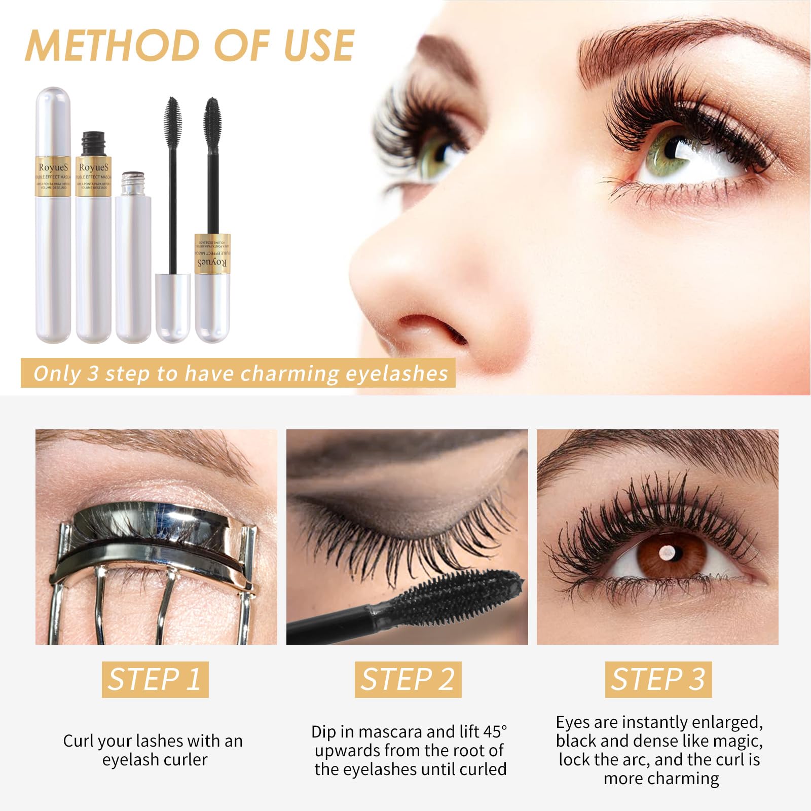 AKARY Mascara Waterproof & Smudge-Proof - 2-1 Long-Lasting Mascara Black Volumizing and Lengthening for Eye Makeup, Liquid Lash Extensions Mascara for a Full Fan Effect, No Clumping, Curling Eyelashes, Vegan & Cruelty-Free, 02 Brown