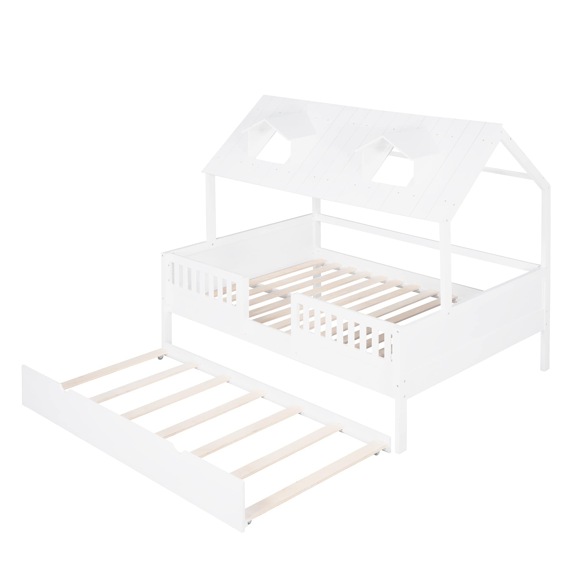 MERITLINE Full House Bed with Trundle, Wooden Platform Bed Frame with Roof, for Kids Teens Girls Boys - White
