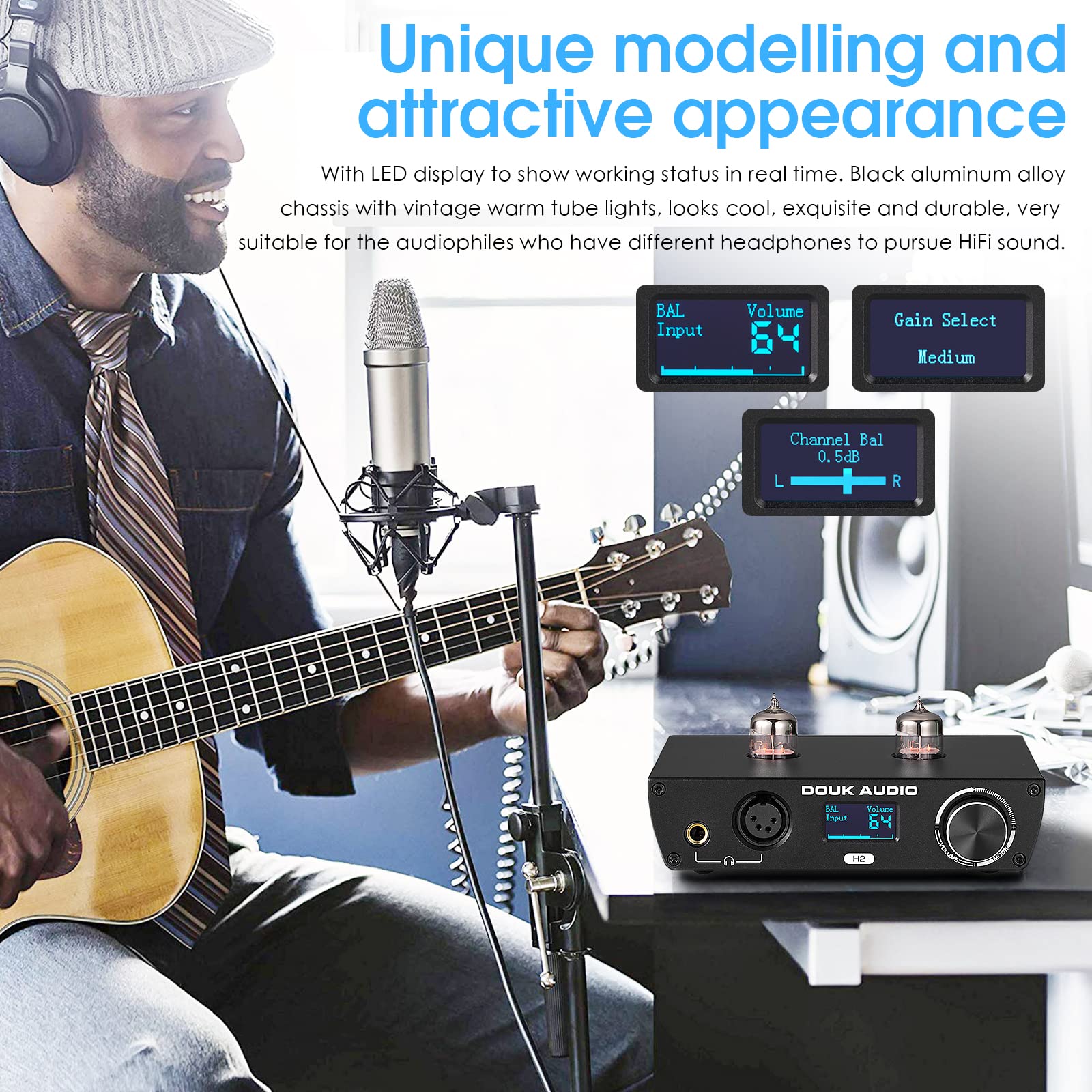 Douk Audio H2 Vacuum Tube Balanced Headphone Amplifier Amp with XLR, RCA, 6.35mm Ports and LED Display for Desktop Home Audio