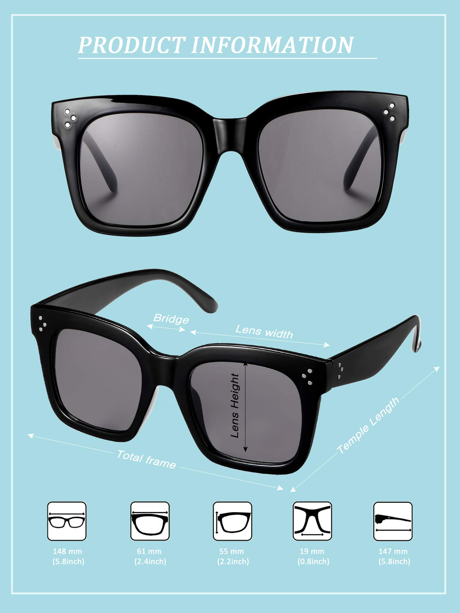 6 Pairs Oversized Sunglasses Vintage Retro Square Frame Sunglasses with Flat Lens and 3 Pieces Glass Cloths