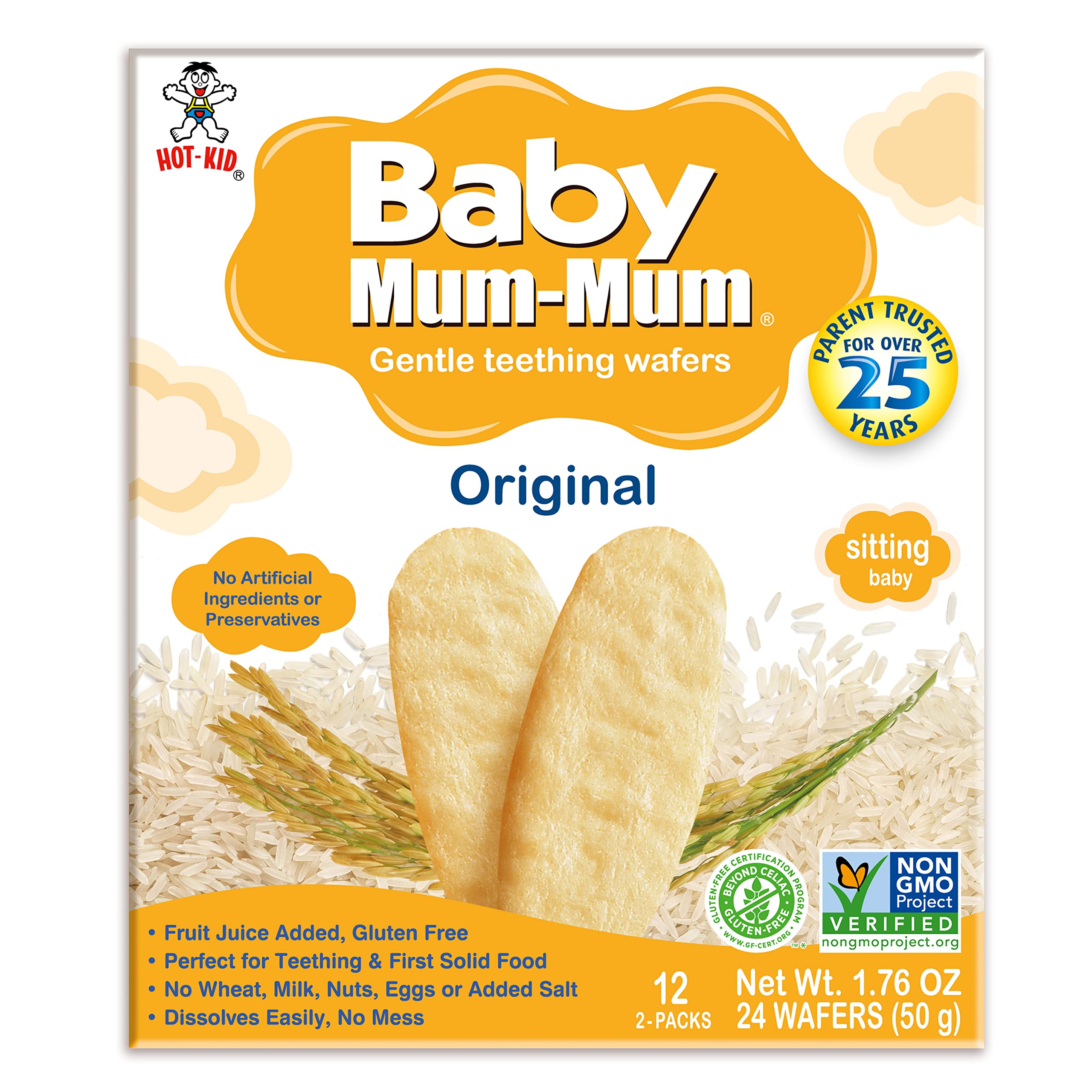 Hot-Kid Baby Mum-Mum Rice Rusks, Original, 24 Pieces (Pack of 6) Gluten Free, Allergen Free, Non-GMO, Rice Teether Cookie for Teething Infants