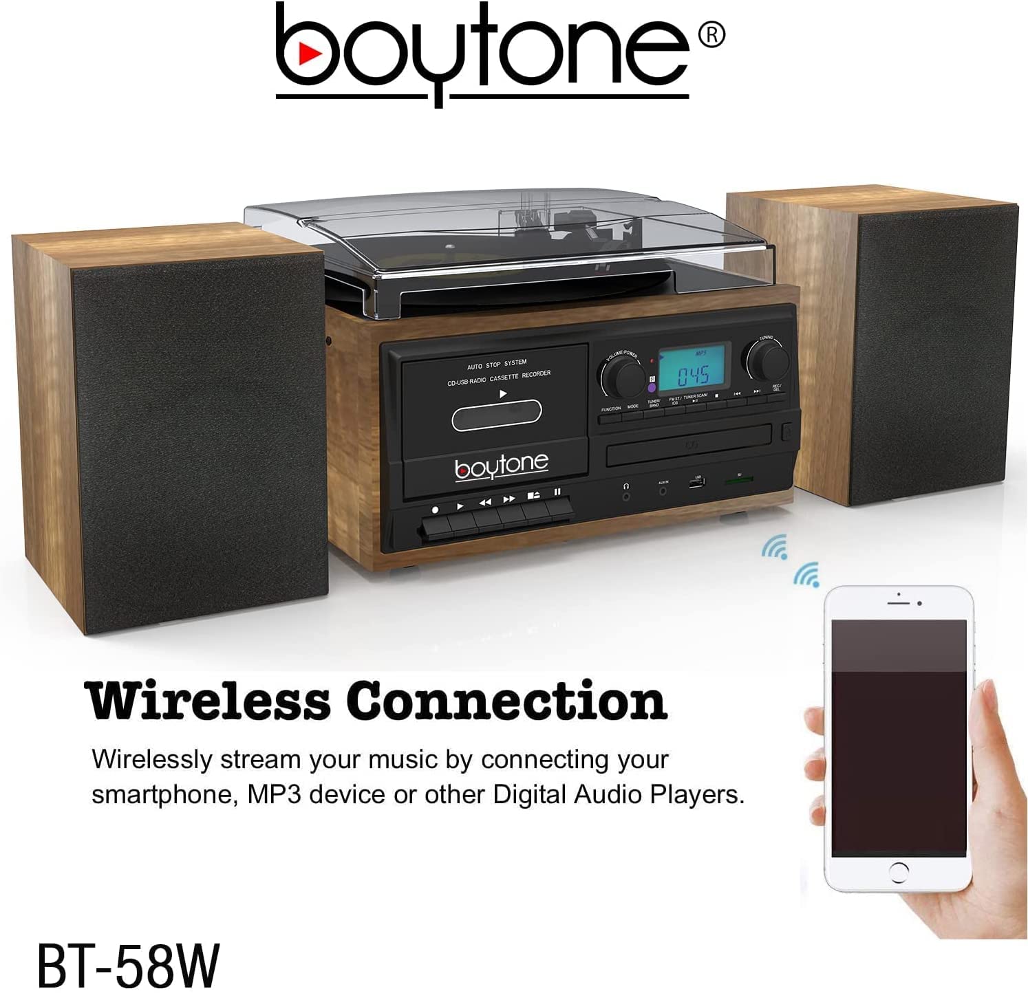 Boytone BT-58W Bluetooth Record Player Turntable with CD Player, Convert LP Vinyl, CD to MP3 Player, Cassette, AM/FM Radio, USB/SD Encoding, Remote Control, Audio Music Player Built in Amplifier