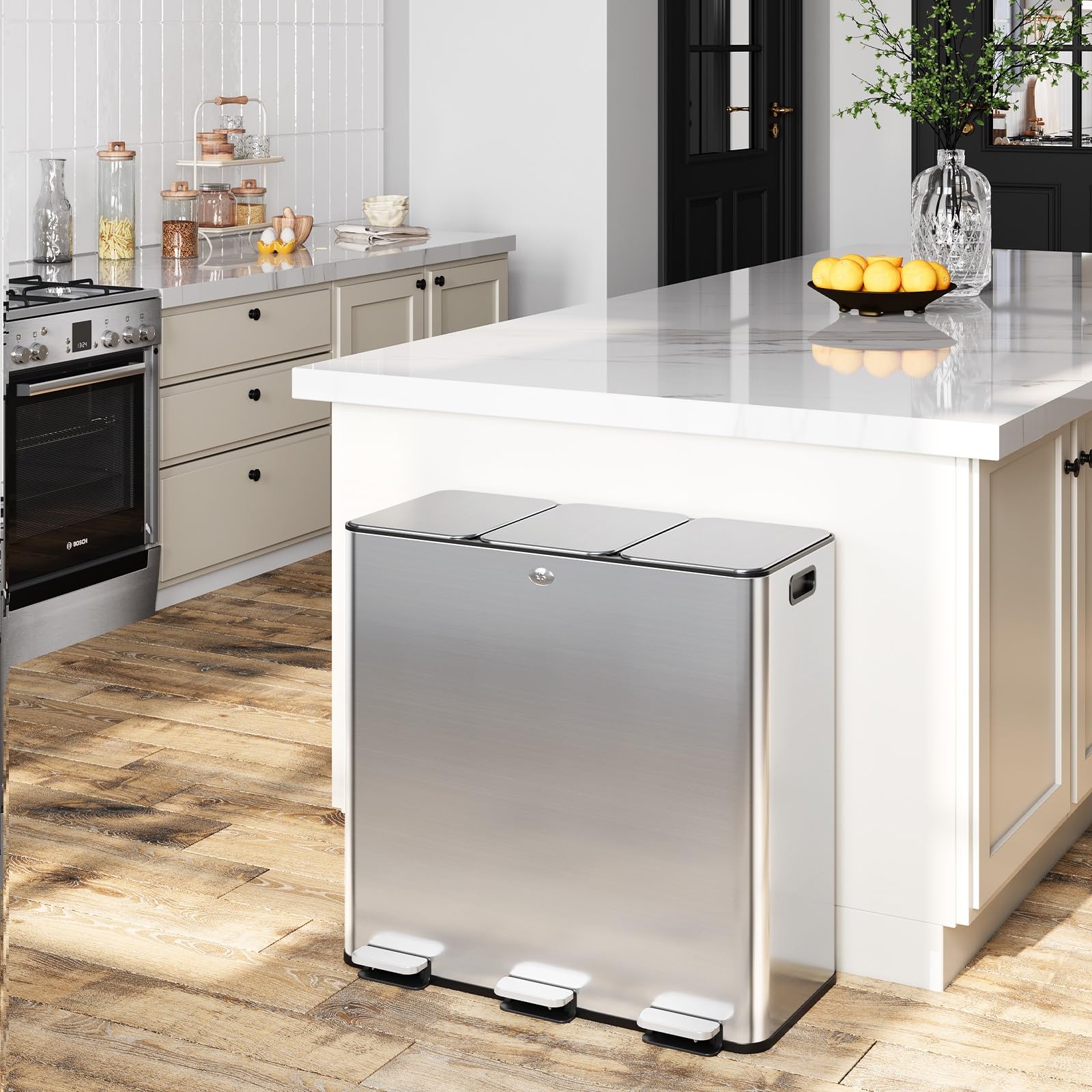 Takywep Triple Trash Can with Lid 90 Liters - 24 Gals Stainless Steel 3 Compartment Trash and Recycle Bin Combo with Separated Lid and Foot Pedal Trash Can