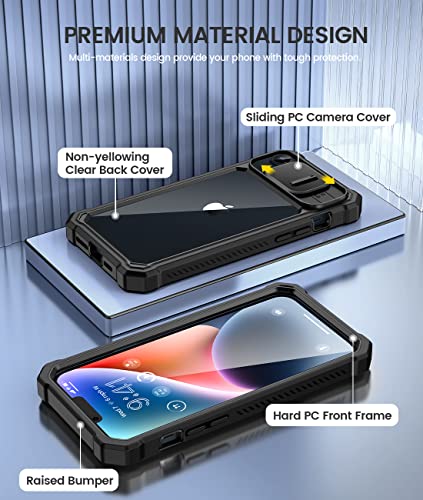 Caka for iPhone 14 Case, iPhone 13 Case with Screen Protector & Slide Camera Cover Heavy Duty Shockproof Phone Case for iPhone 13 iPhone 14 6.1 inches, Black