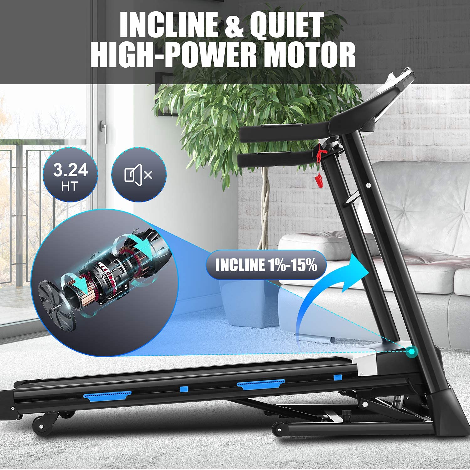 ANCHEER Treadmill, 3.25hp, App Control, Folding Treadmill Machine for Home with Automatic Incline, for Running, Walking, and Jogging, Portable Treadmill for Home, Gym, Office Workout.