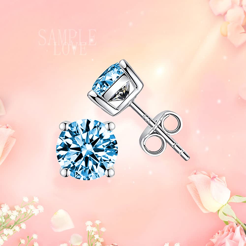 925 Sterling Silver Round-Cut Blue Cubic Zirconia Stud Earrings 3mm-8mm Options, Simulated Diamond CZ Studs Hypoallergenic Jewelry (3mm)