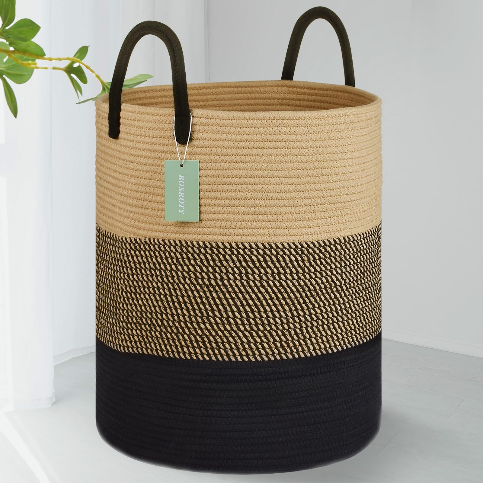 BOSROTY Nursery Hamper, Large Blanket Basket, Tall Laundry Basket 65L, Laundry Hamper, Clothes Basket Laundry, Large Storage Basket, Cotton Rope Basket, Toy Basket, 16”x 20”, Brown & Black