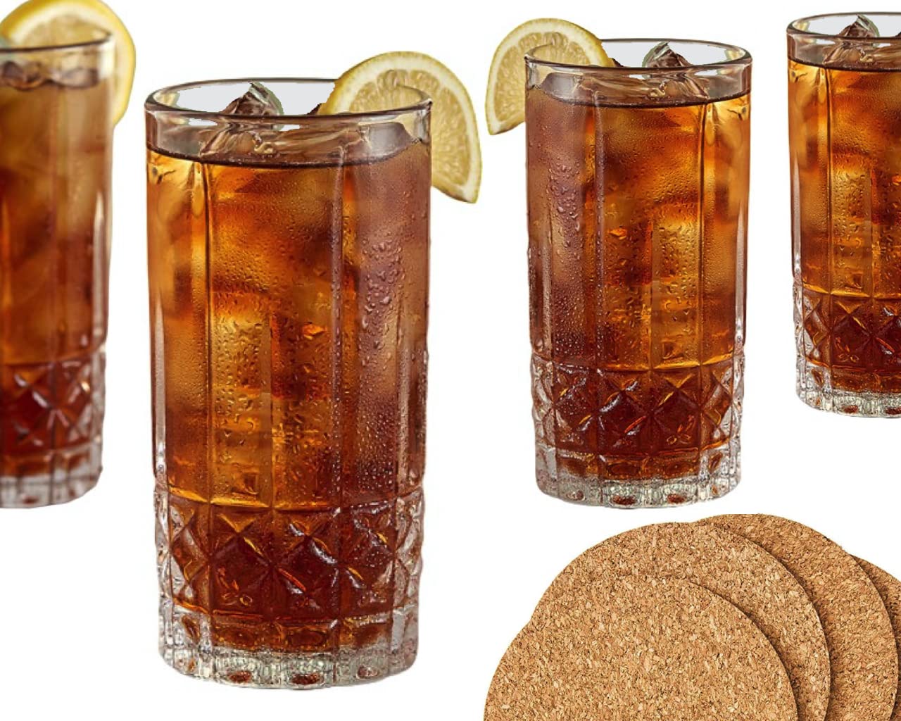 AMZ Empire Drinking glasses Set of 4 - Evora Strong 13 oz Highball Glass - Cocktail Glasses, Tumbler Cup, Beverage Cups with Coasters