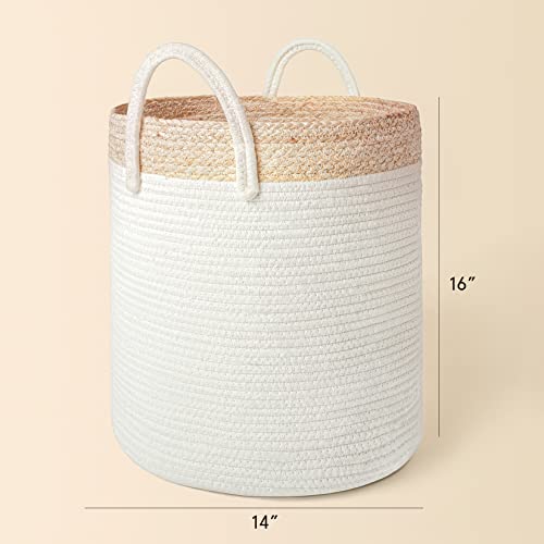 Woven Basket Rope Storage Basket - Large Cotton Organizer 16 x 14 x 14 Inches, Natural and Safe For Baby and Kids, Two-Tone Woven Organizer with Corn Skin