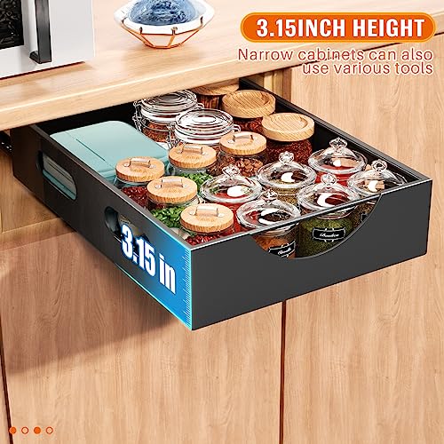 caktraie Pull Out Cabinet Organizer Fixed with Adhesive, Slide Out Drawer Storage Shelves - 10.8" W x 15.15" D Heavy Duty Pull Out Drawers for Kitchen Cabinets, Living Room, Home - Black