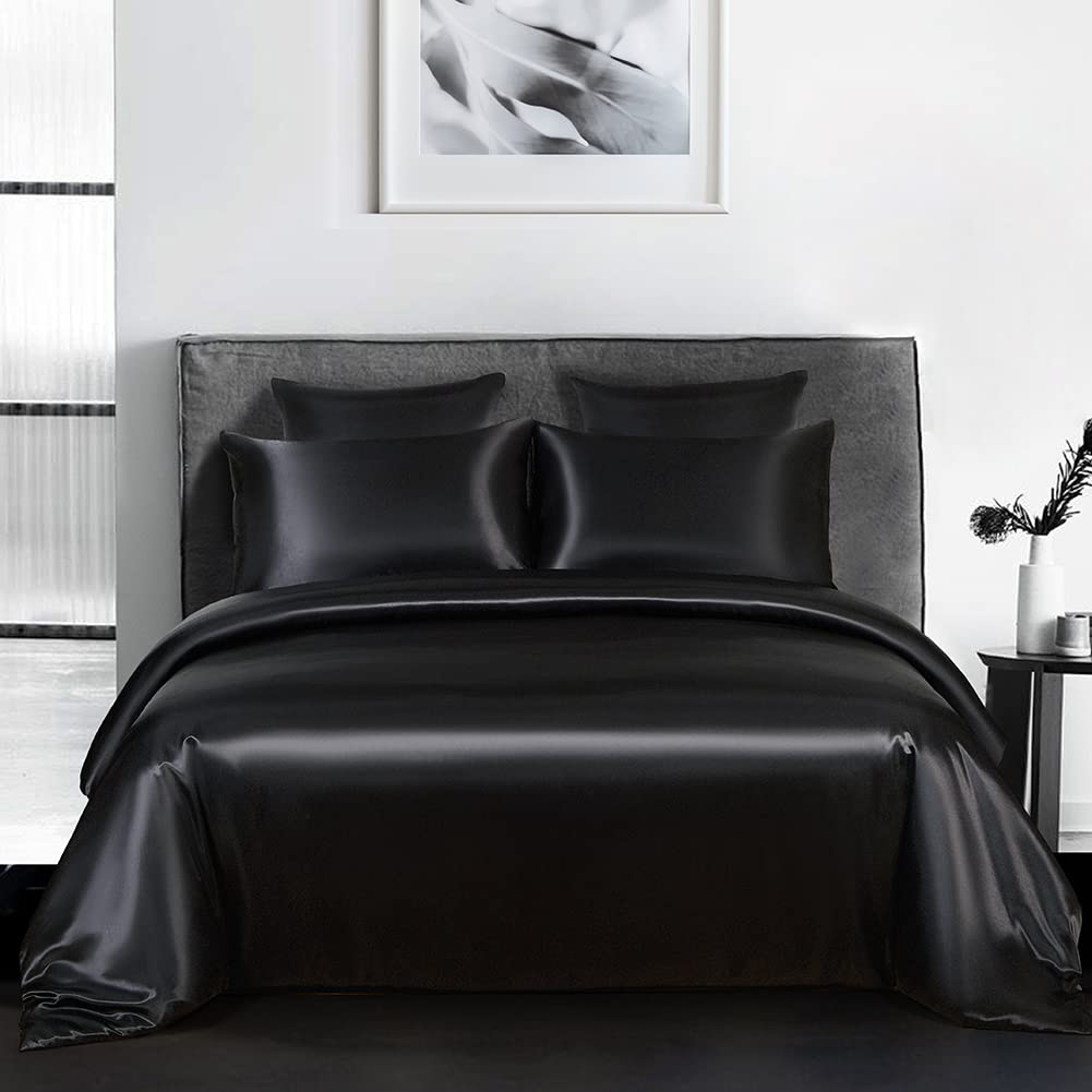 Nayoroom Black Satin Silk Duvet Cover Queen Size Luxury Solid Color Bedding Set 3 Pieces Summer Cooling Soft Smooth Silky Comforter Cover with Zipper Closure Corner Ties Gifts for Women Men
