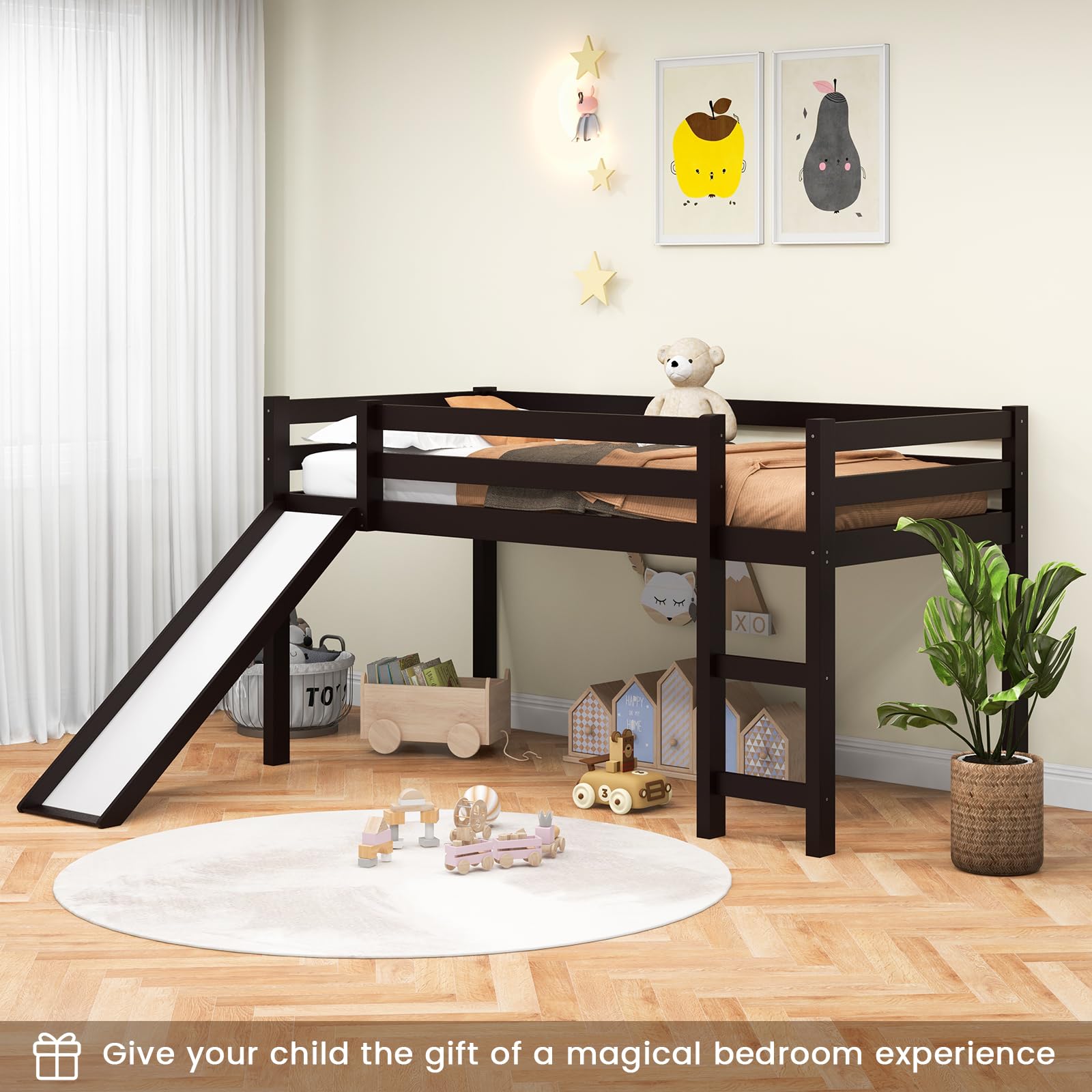 NAFORT Twin Loft Bed with Slide, Low Loft Bed with Stairs, Solid Wood Twin Loft Bed Frame for Girls Boys with Climbing Ladders Guard Rails and Slat Support (Espresso)