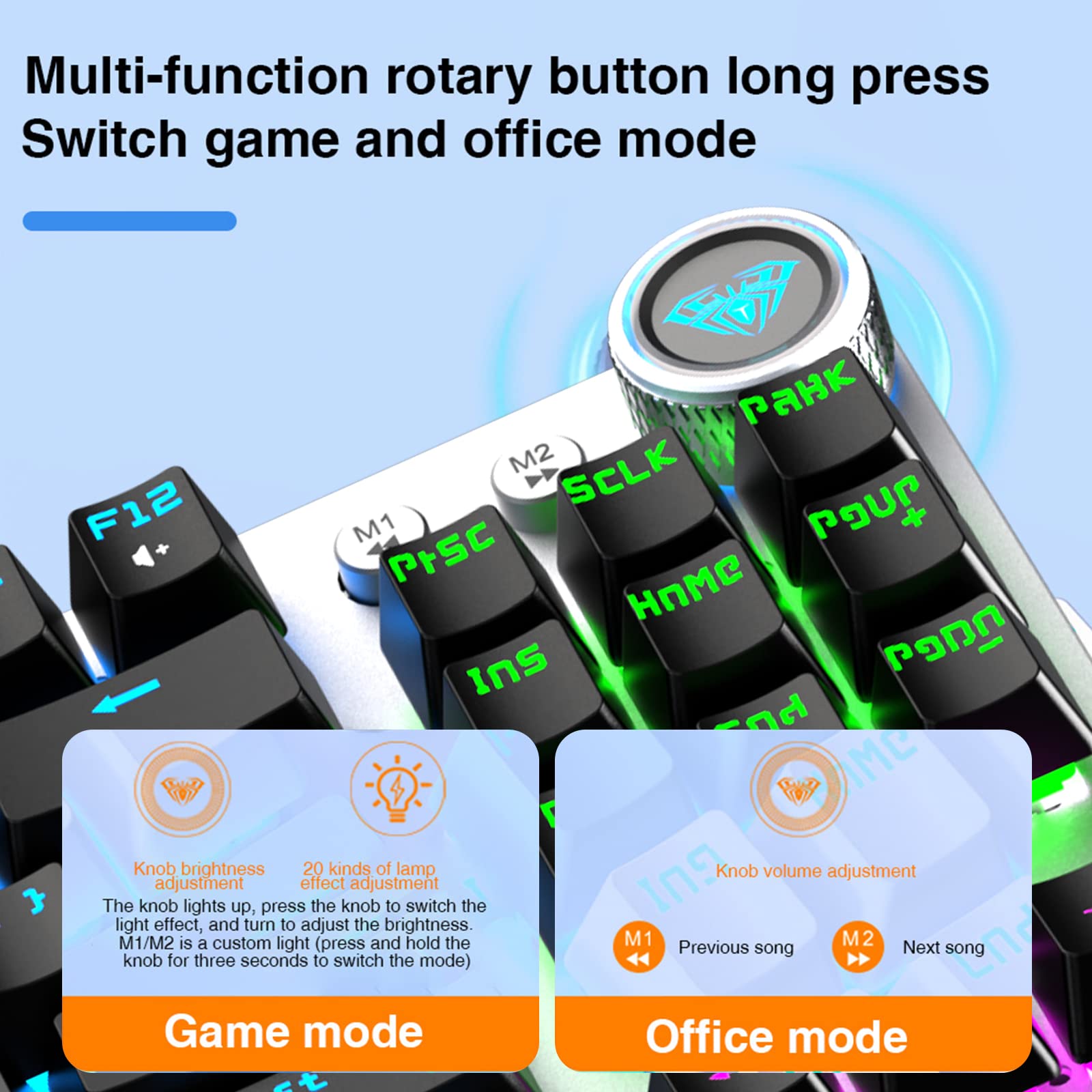 AULA TKL Mechanical Gaming Keyboard,2.4G/BT5.0/Wired,Wireless 87 Keys Rainbow LED Backlit Tenkeyless Bluetooth Keyboard with Blue Switch-Black