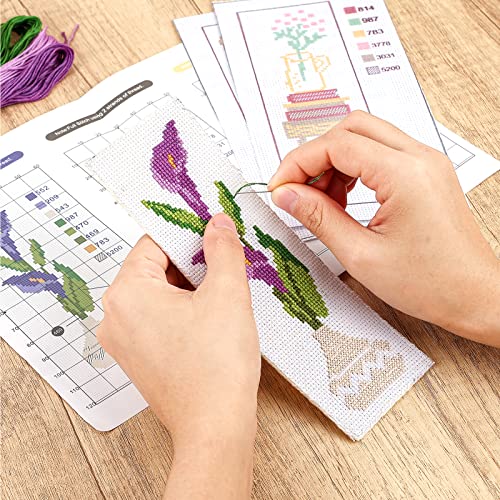 Caydo 3 Pieces Cross Stitch Bookmark Kits, Flowers Stamped Embroidery Bookmark with Backing Felt and Instructions Beginner Cross Stitch Kits for Adults, Book Lovers, 14 CT