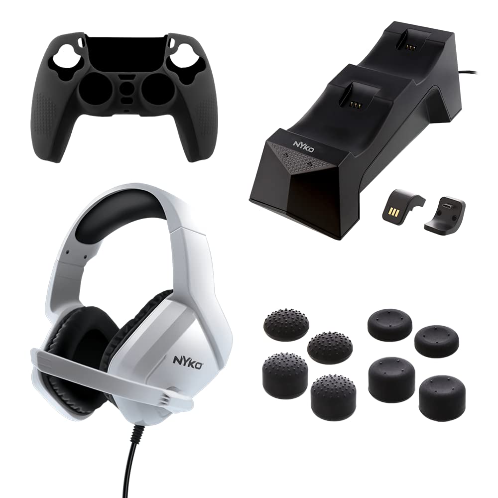 Deluxe Master Pak for PlayStation®5 | Dual Controller Charge Base | High Quality Wired Ergonomic Headset Designed for Over Ears | Silicone Grip Controller Cover and 8 Thumb stick Caps