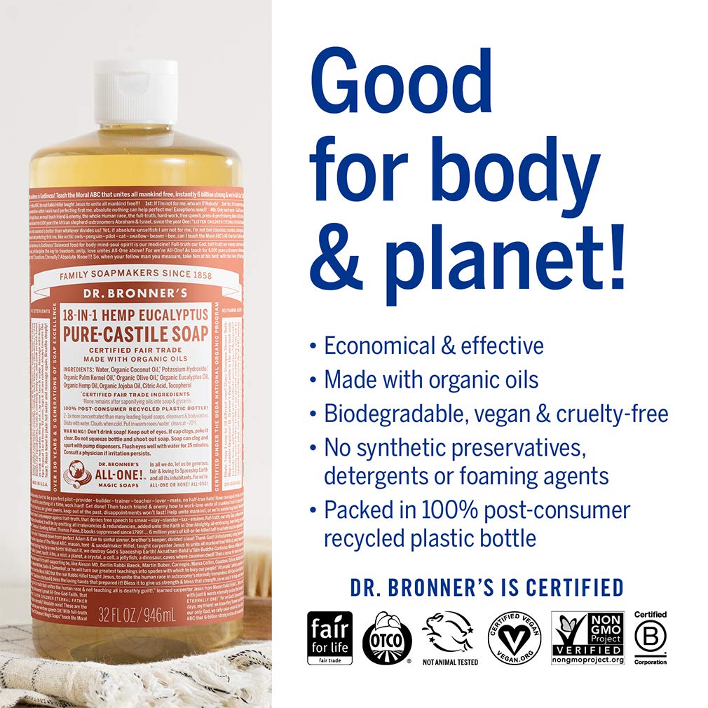 Dr. Bronner's - Pure-Castile Liquid Soap (Eucalyptus, 1 Gallon) - Made with Organic Oils, 18-in-1 Uses: Face, Body, Hair, Laundry, Pets and Dishes, Concentrated, Vegan, Non-GMO