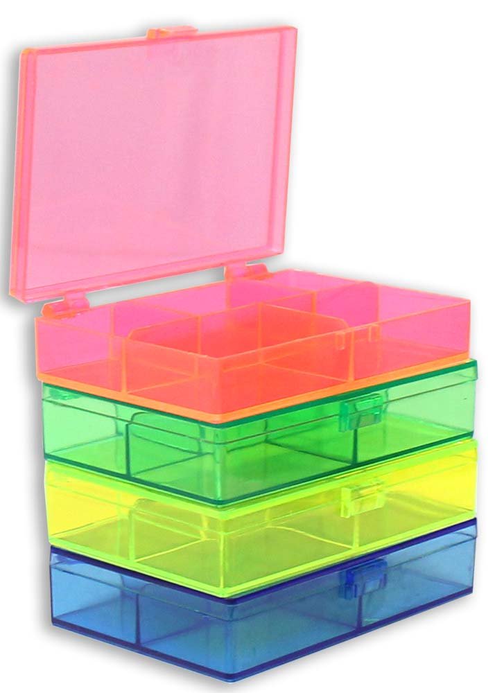 BIN BUDDY Set of 4 | Colored Transparent Plastic Boxes | 4.5" (11.4 cm) x 3" (7.6 cm) x 1" (2.5 cm) | Hinged Lids, 5 Internal Sections | For Crafts, Sewing