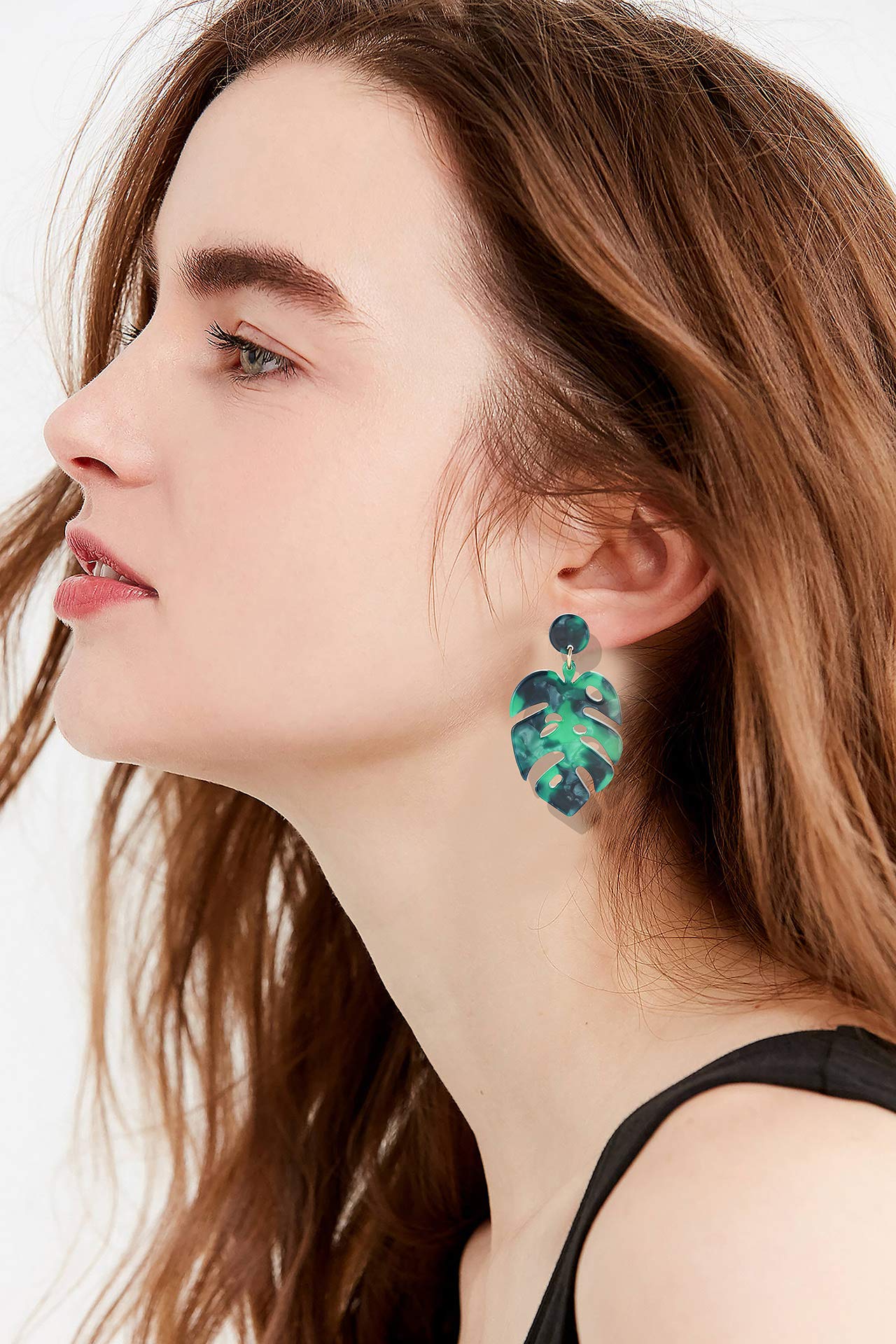 Acrylic Earrings For Women Statement Palm Leaf Earrings Resin monstera Drop Dangle Earrings Fashion Jewelry (Green)