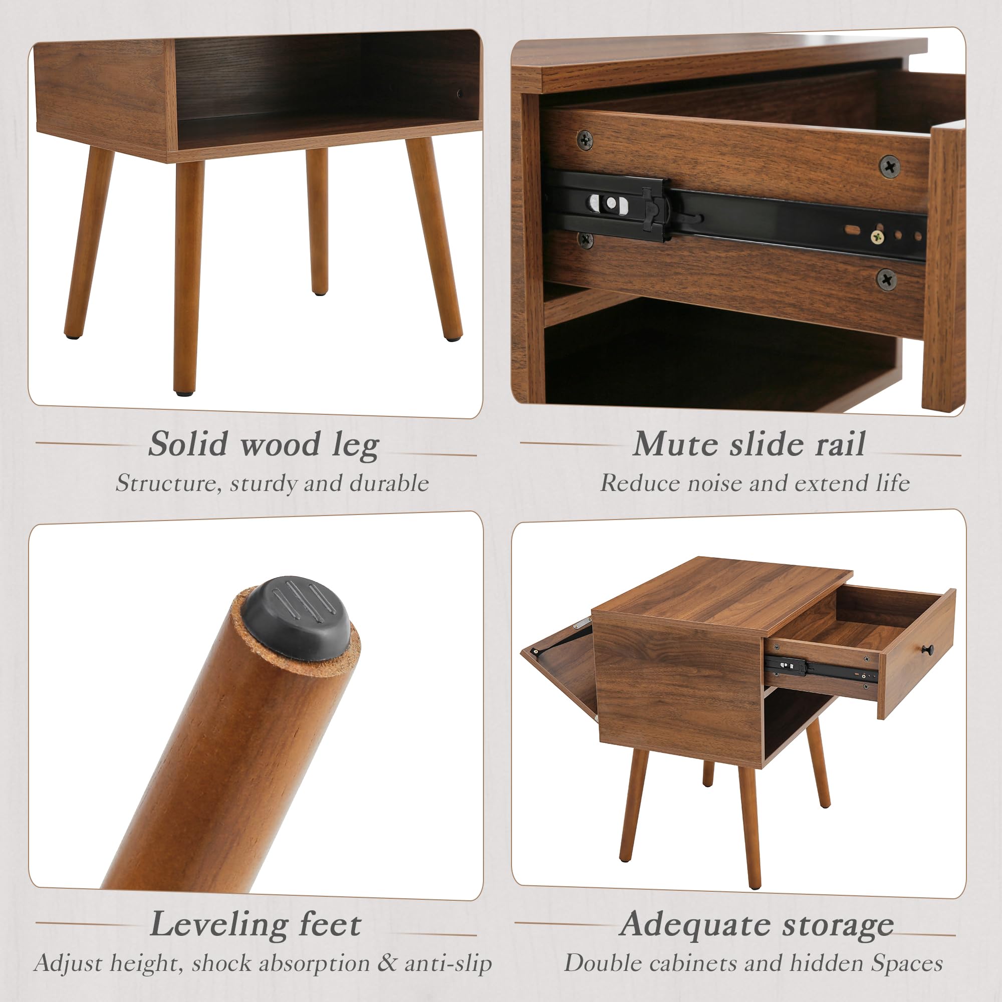 Mazefur Hidden Compartment Night Stand Set 2, Mid Century Modern Concealment Furniture, End Table with Storage Drawer, Bedside Table with Wood Legs for Bedroom (2,Walnut)