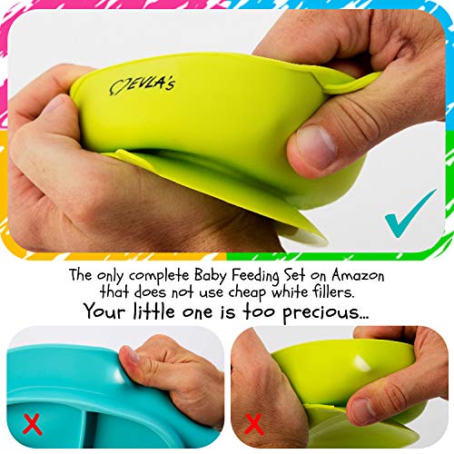 EVLA'S Baby Feeding Set, Baby Led Weaning Supplies, Adjustable Silicone Bibs, Divided Plate, Suction Bowl with Lid, Soft Spoons for Babies or Toddlers, Baby Registry must have!