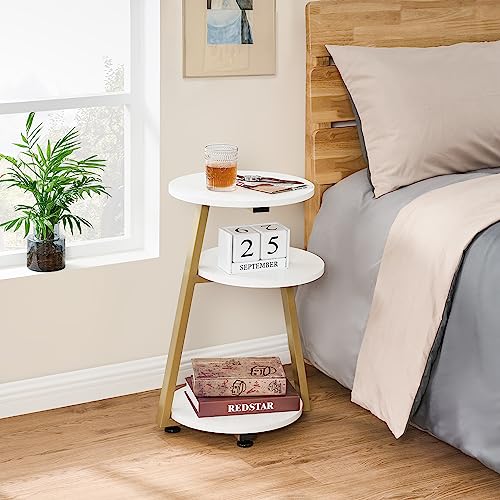 BEWISHOME Round End Table Side Table with Metal Frame, Accent Table Nightstand Bedside Table with 3-Tier Shelves, Small Table for Living Room Bedroom Couch Table Small Coffee Table White Gold KTZ41M