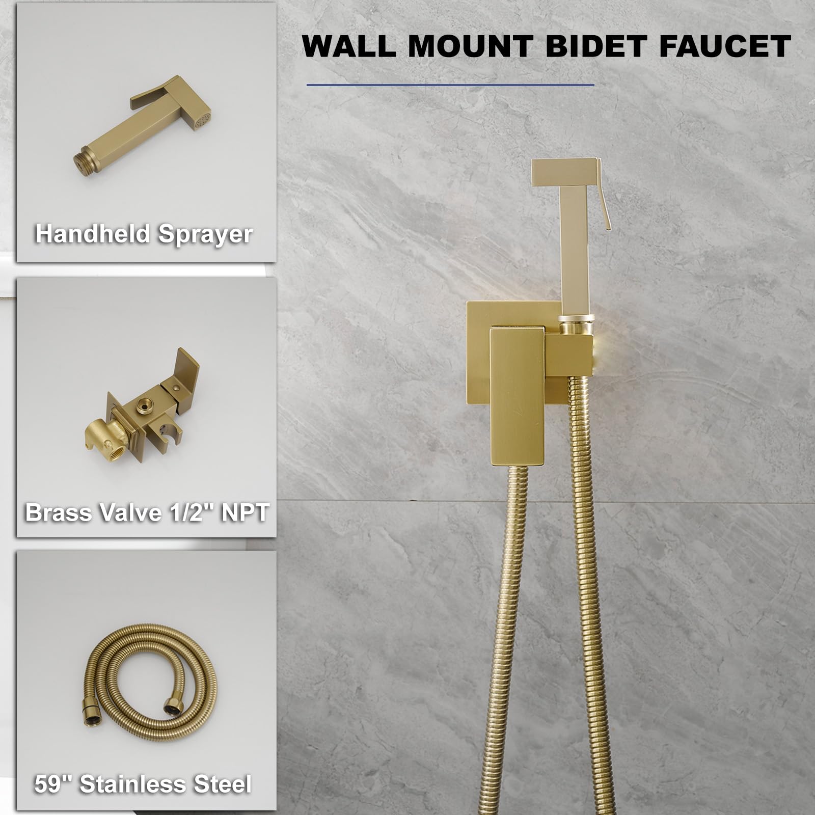Bathfinesse Wall Mounted Bidet Sprayer Set, Warm Water Bidet Sprayer Faucet for Toilet with Hot and Cold Brass Valve, Stainless Steel Square Handheld Bidet Attachment Set, Brushed Gold