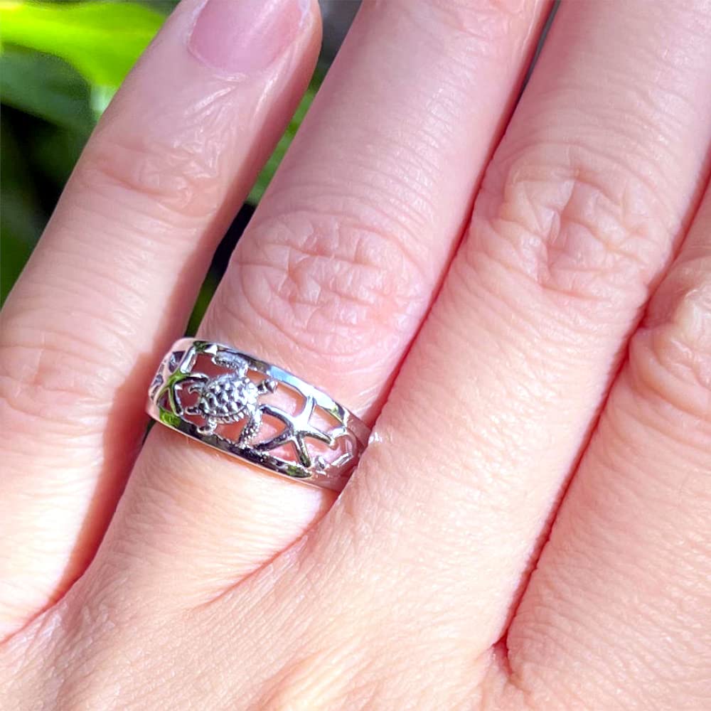 Aloha Jewelry Company Sterling Silver Tapered Hawaiian Turtle and Starfish Ring Wedding Band, Sizes 4-10 (10)