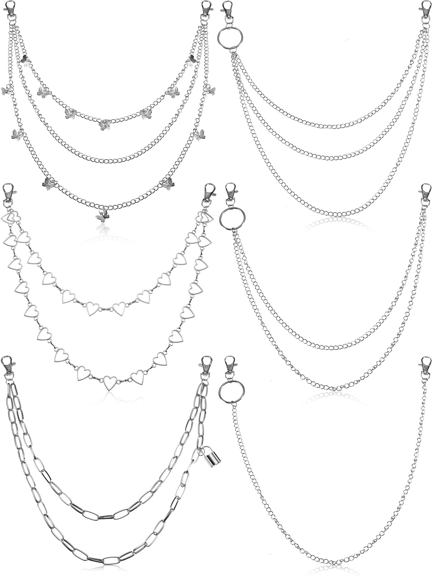 6 Pieces Chain Belt Jeans Pants Chain Goth Multi Layer Chains Heart Butterfly Lock Charm Waist Chain Wallet Chain Pocket Chain for Women Men(Butterfly Style)