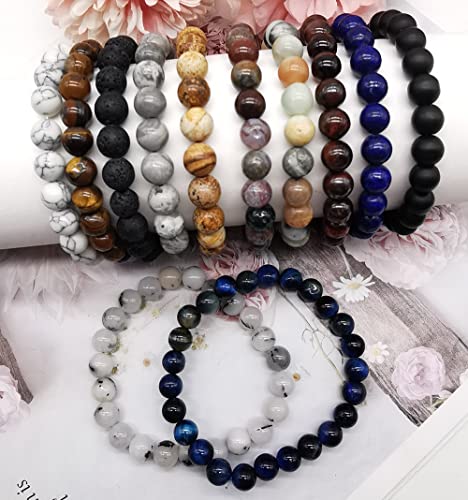 FINZOR 12 Pcs 8mm Gemstones Beaded Bracelets for Men Women Semi-Precious Stone Healing Stretch Round Bead Crystal Bracelets Unisex