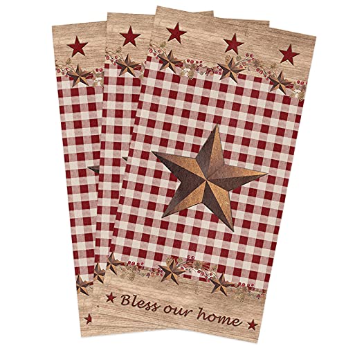 ArneCase Kitchen Towels Super Soft Dish Towels Bless Our Home Western Texas Star with Berries on Retro Red Plaid Heat-Insulation Dish Cloths for Cooking, Cleaning 3PCS-18x28 inch