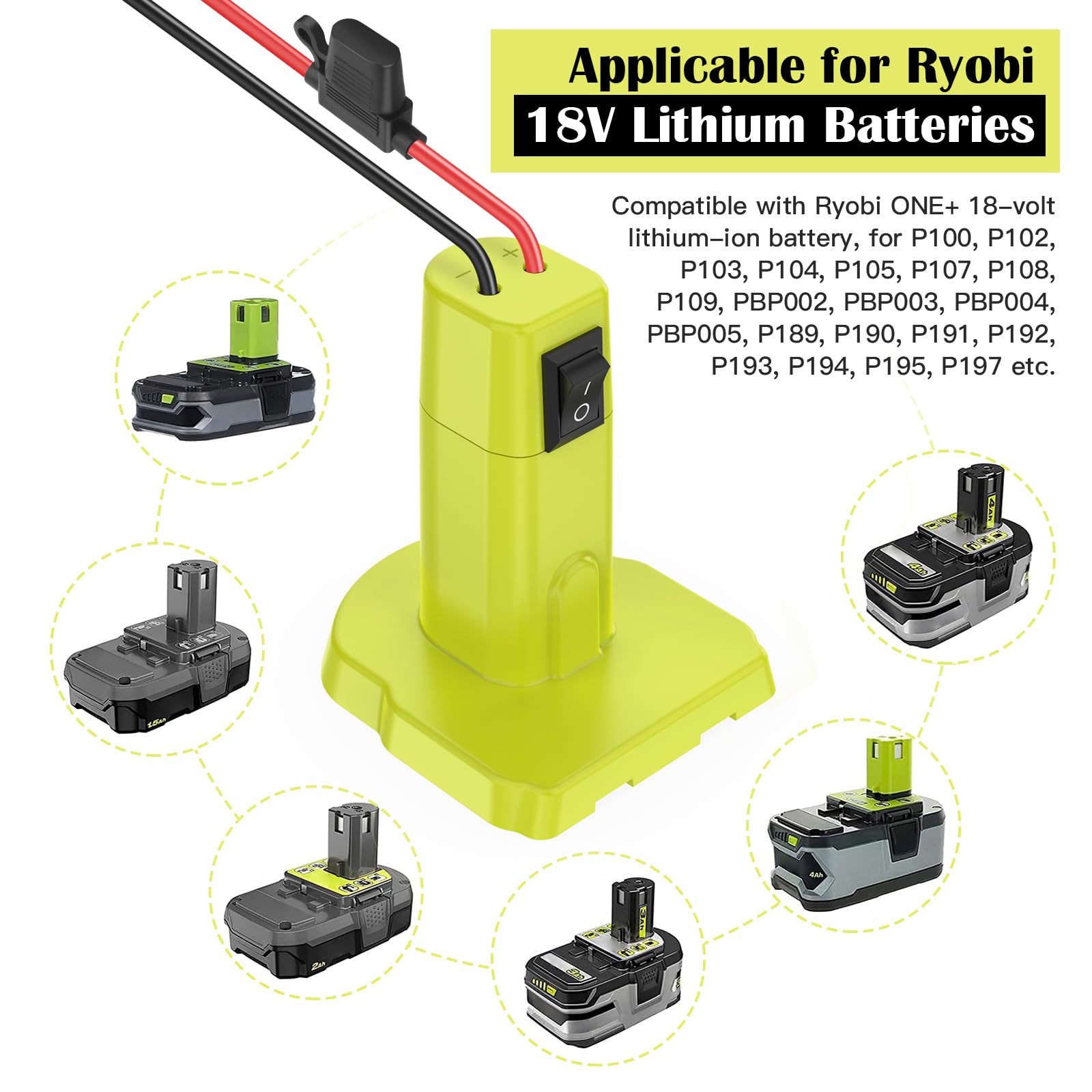 Power Wheels Adapter for Ryobi 18V Battery Adapter Power Wheels Battery Conversion Kit with Switch, Fuses & Wire Terminals, 12AWG Wire, Power Connector for DIY RC Car Toys and Robotics
