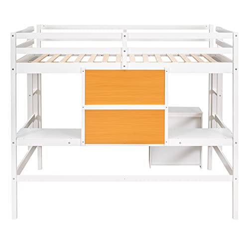 BIADNBZ Full Size Loft Bed with Desk and Writing Board, Wooden LoftBed with Desk & 2 Drawers Cabinet for Kids,White