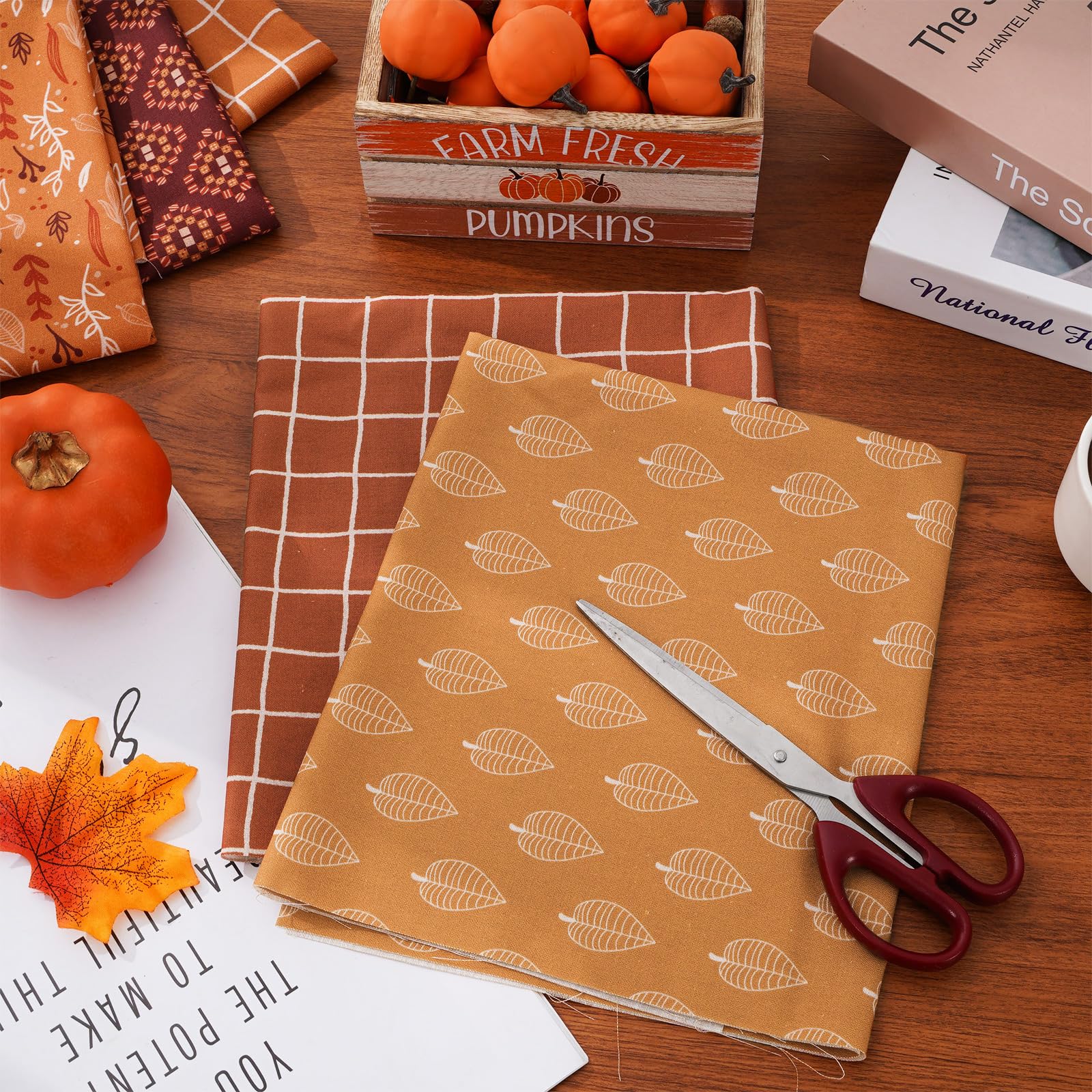 Whaline Terracotta Boho Cotton Fabric Bundles Fall Maple Leaf Plaid Rainbow Printed Fat Quarters Autumn Sewing Fabrics for DIY Handmade Crafting, 18 x 22 Inch