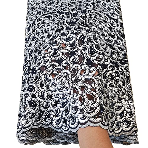 Bestway Lace Sequins African Net Lace Fabric French Floral Embroidered Fabric Rhinestones Nigerian Wedding Asoebi Dress Material 5 Yards (Ashy Grey)