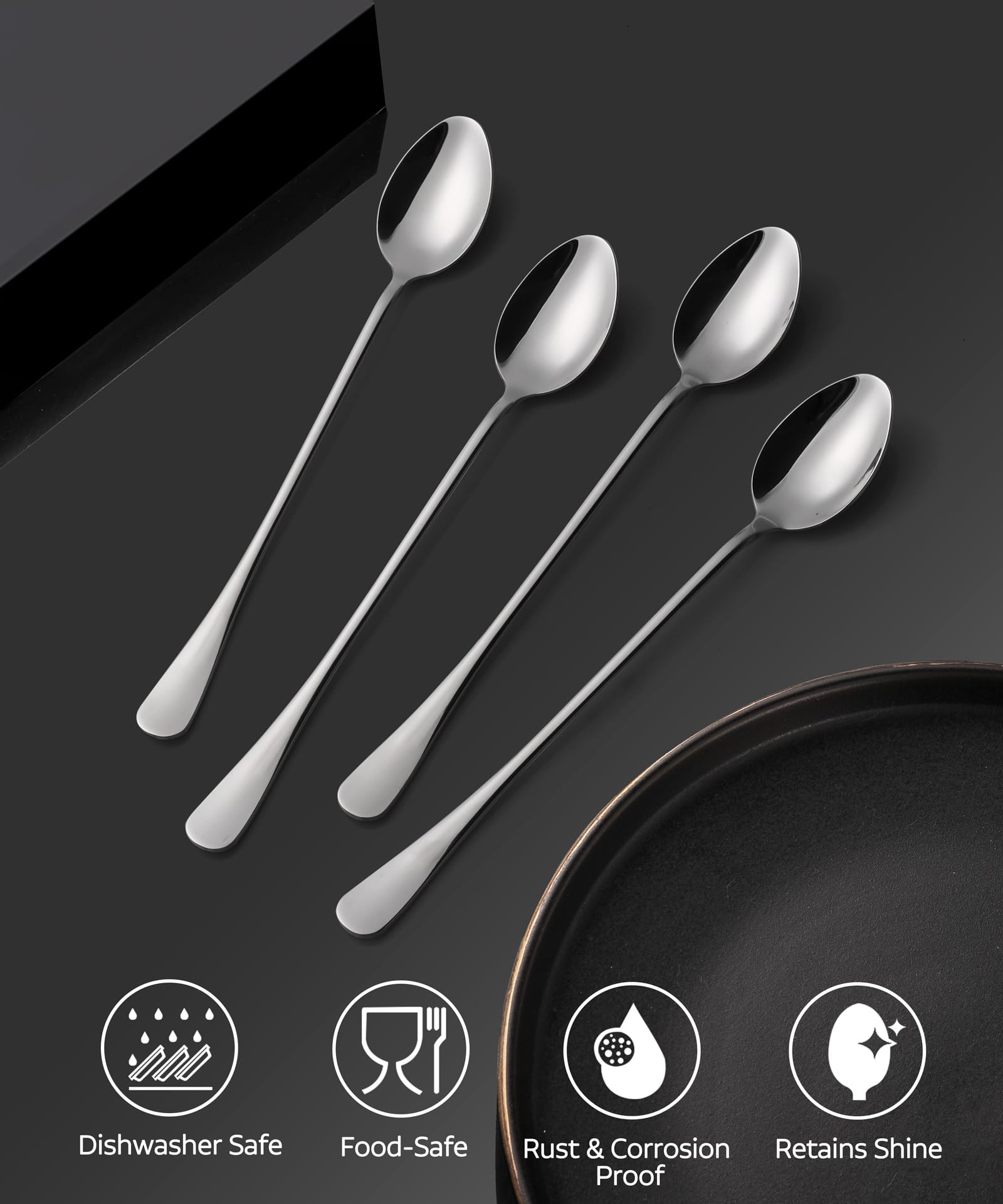 Lovingly Yours 7.5-Inch Long Handle Ice Tea Spoons, Ice Cream Spoons, Coffee Spoons, Long Spoons for Stirring, Stainless Steel Spoons for Dessert, Sundae, Shakes