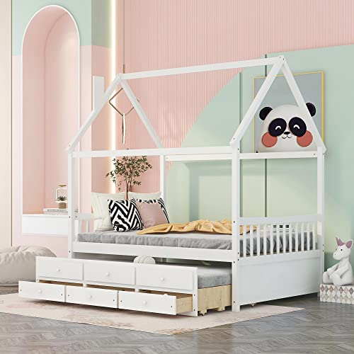 BIADNBZ Full Size House Platform Bed with Trundle and 3 Storage Drawers, Solid Wood Bedframe for Kids Teens w/Wooden Slats Support, No Box Spring Needed, Easy Assembly, White