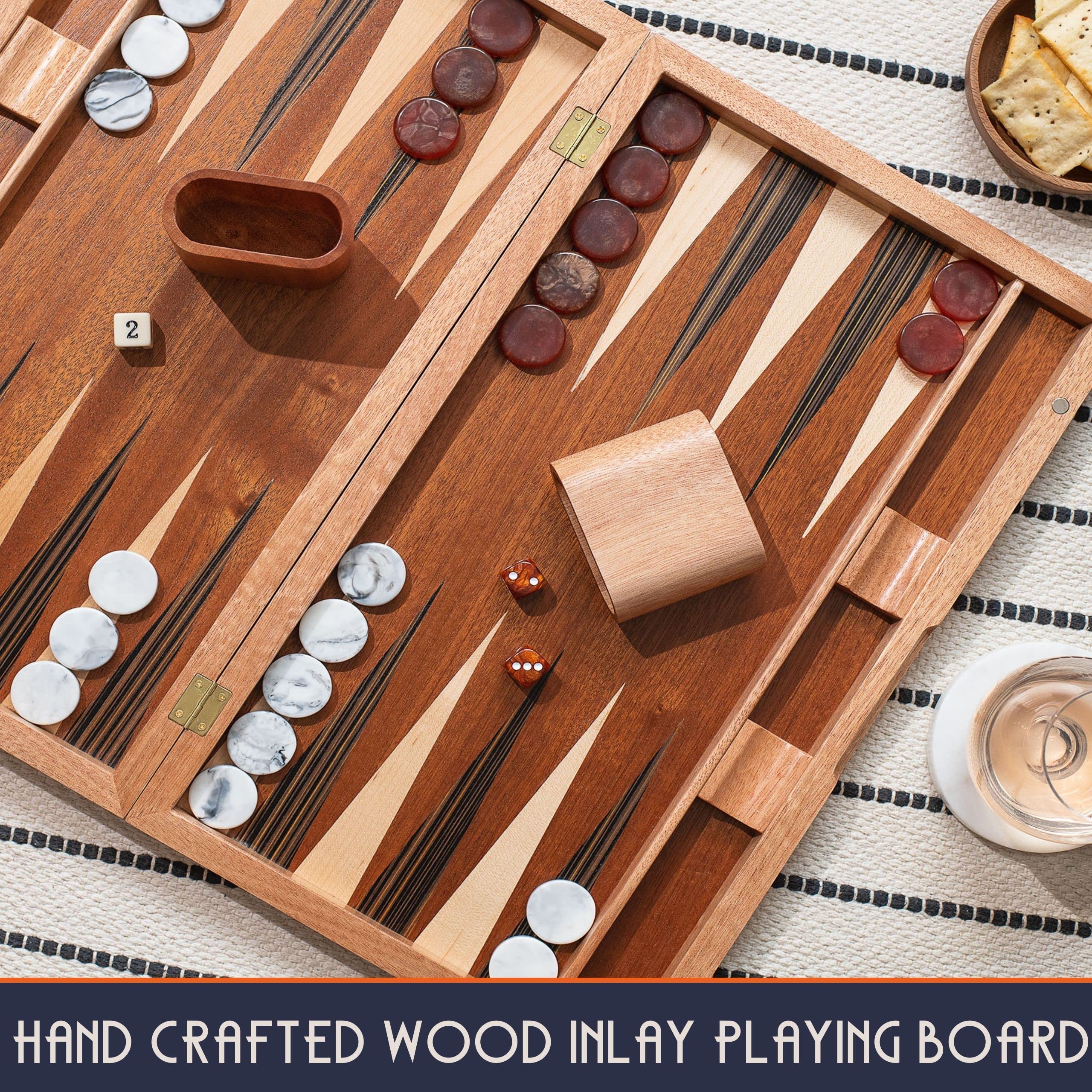 Pointworks 17 Inch Backgammon Sets for Adults. Beautiful Wood Inlaid Backgammon Board Game Set with Unique Checkers & Dice. Large Travel Backgammon Set for Adults, Backgammon Game for 2 Players