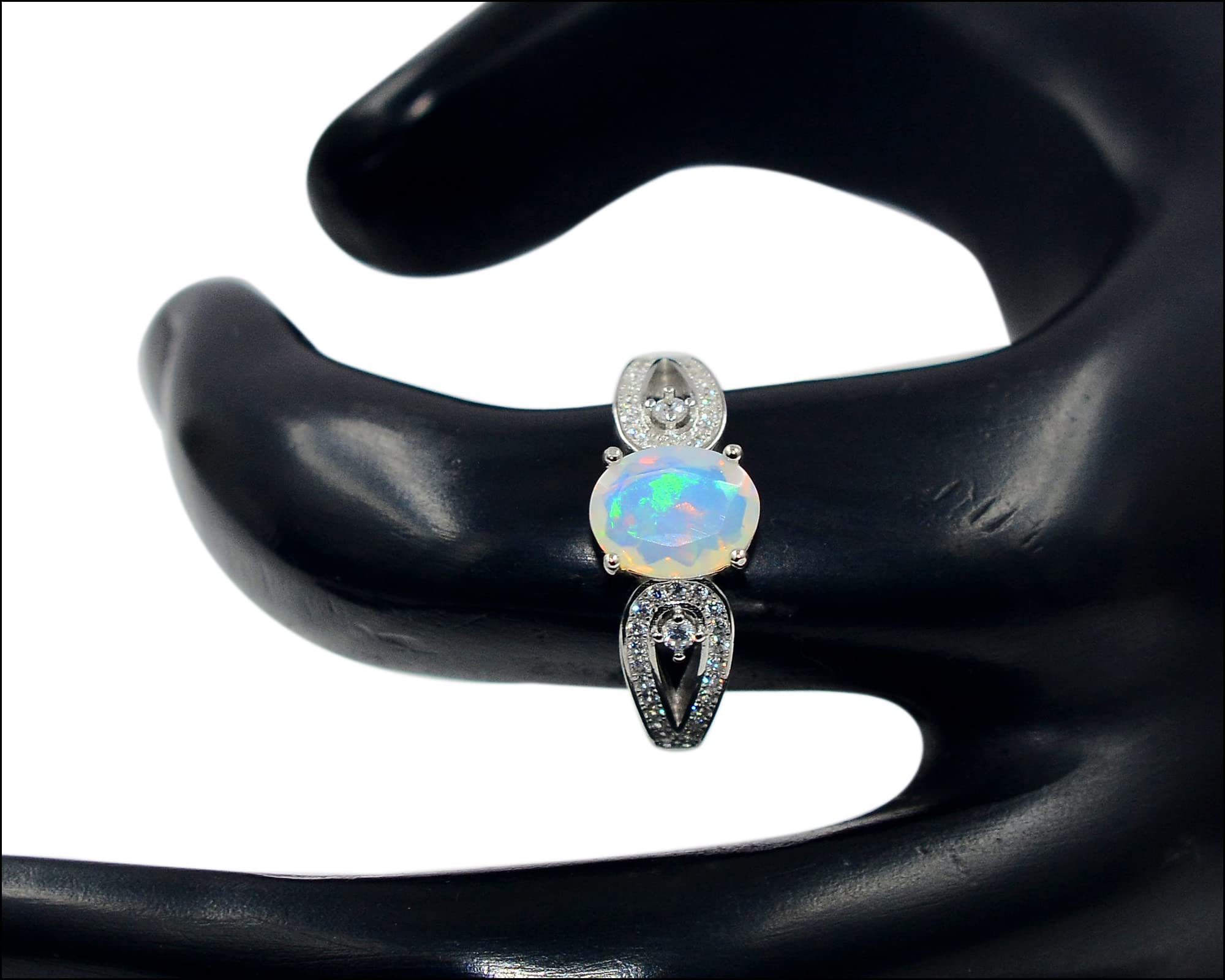 925 Sterling Silver Natural Ethiopian Welo Cut Opal 9X7 MM Oval October Birthstone Solitaire Unisex Proposal Ring For Engagement Gift (Rhodium Plated Silver, 7.5)
