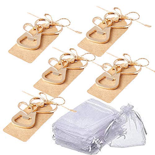 Amajoy Pack of 25 Gold Double Heart Bottle Opener with Kraft Tag and Favor Bag Wedding Favor Gift for Guests Wedding Favor Baby Shower Souvenirs